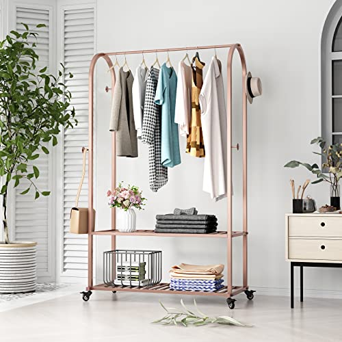 Modern Clothing Rack on Wheels Gold Display Rack with 2-tier Shelf Metal Hanging Rack Gold Clothes Rack for Boutique, Retail or Home -rose gold