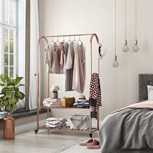 Modern Clothing Rack on Wheels Gold Display Rack with 2-tier Shelf Metal Hanging Rack Gold Clothes Rack for Boutique, Retail or Home -rose gold