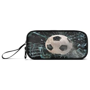 Soccer Ball Through Glass Large Pencil Case 3 Compartment Pen Bag Pouch Holder Box for College School Portable Stationery Storage Bag for Girls Boys