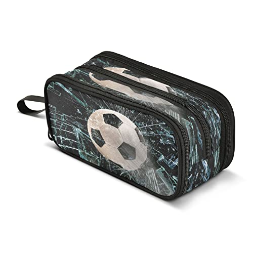 Soccer Ball Through Glass Large Pencil Case 3 Compartment Pen Bag Pouch Holder Box for College School Portable Stationery Storage Bag for Girls Boys