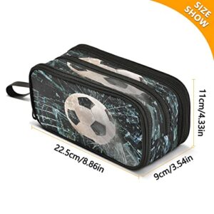 Soccer Ball Through Glass Large Pencil Case 3 Compartment Pen Bag Pouch Holder Box for College School Portable Stationery Storage Bag for Girls Boys