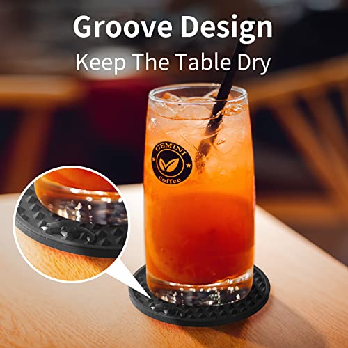 tifanso Coasters for Drinks Set of 6, Silicone Drink Coasters, Black Coasters with Grooved Design, Non-Slip Base, Coasters for Coffee Table, Cup Coasters, Fits Most Size of Drinking Glasses