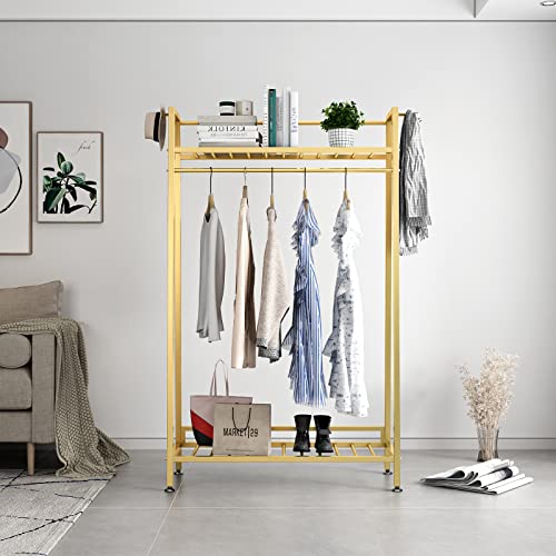 Gold Clothing Rack Modern Clothes Rack with 2- tier Shelf Clothes Display Racks for Bedroom, Boutique, Cloth Store Metal Pipe Hanging Rack-gold