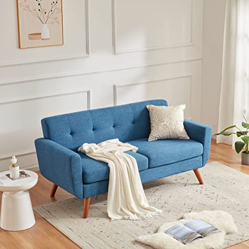 Tbfit 65" W Loveseat Sofa, Mid Century Modern Decor Love Seat Couch, Button Tufted Upholstered Love Seats Furniture for Living Room (Blue)