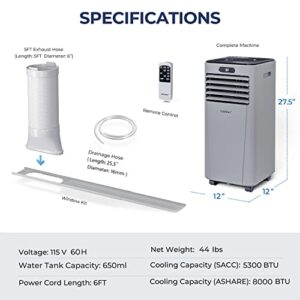 COSTWAY Portable Air Conditioner, 8000BTU Air Cooler with Drying, Fan, Sleep Mode, 2 Speeds, 24H Timer Function, Remote Control, Cools Room up to 230 Sq. ft, Air Cooling Fan for Home & Office Use, Window Kit Included(8000BTU-Grey)