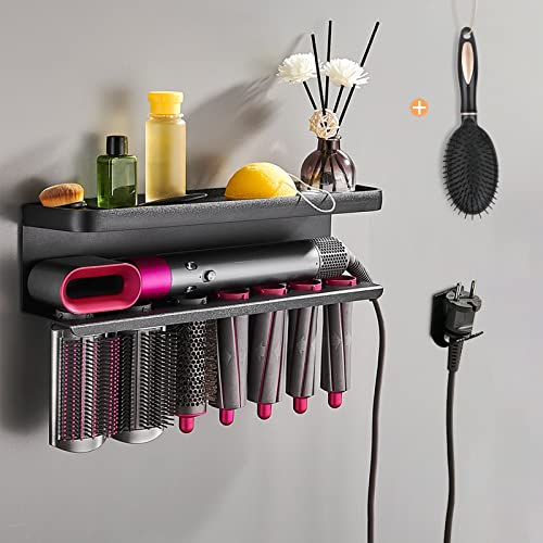 Yimerlen Airwrap Storage Holder Compatible with Dyson Airwrap Wall Mount Storage Rack Organizer for Bathroom Curling Iron Attachments and Complete Styler (Black, with Air Cushion Comb)