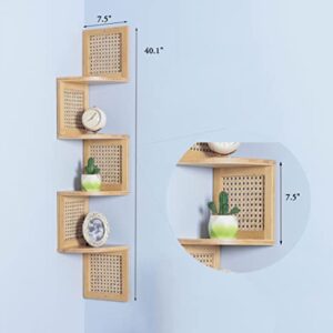 ND RongFeng Bamboo Corner Shelf 4-Tier Shelf with Bamboo Body Mixed with Natural Rattan Mesh for Wall Storage, Suitable for Bedroom and Living Room (Light Brown)