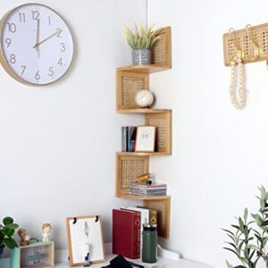 ND RongFeng Bamboo Corner Shelf 4-Tier Shelf with Bamboo Body Mixed with Natural Rattan Mesh for Wall Storage, Suitable for Bedroom and Living Room (Light Brown)