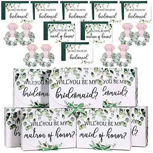 32 Pieces Bridesmaid Proposal Box Set Proposal Box Will You Be My Bridesmaid Cards with Envelopes Satin Scrunchie Bridesmaid Gift Box for Bridal Shower Wedding Bachelor Party (Greenery Style)