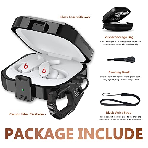 Secure Lock Case for Beats Fit Pro 2021, Carbon Fiber Texture Beats Fit Pro Earbuds Case Cover with Anti-Lost Keychain/Storage Box/Cleaning Brush/Wrist Strap. (Black)