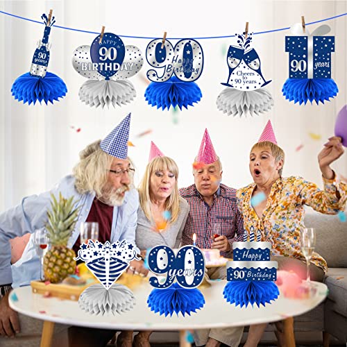 Kauayurk 8Pcs 90th Birthday Honeycomb Centerpieces Decorations for Men, Blue Silver 90 Year Old Birthday Table Centerpiece Party Supplies, 90 Birthday Table Topper Decor Sign