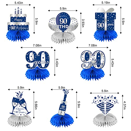 Kauayurk 8Pcs 90th Birthday Honeycomb Centerpieces Decorations for Men, Blue Silver 90 Year Old Birthday Table Centerpiece Party Supplies, 90 Birthday Table Topper Decor Sign