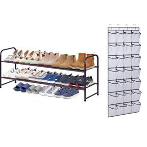 AOODA 2 Tier Long Shoe Rack for Closet Wide Low Shoe Shelf, 28 Large Mesh Pockets Over The Door Shoe Organizer Hanging, 2 Item Bundle