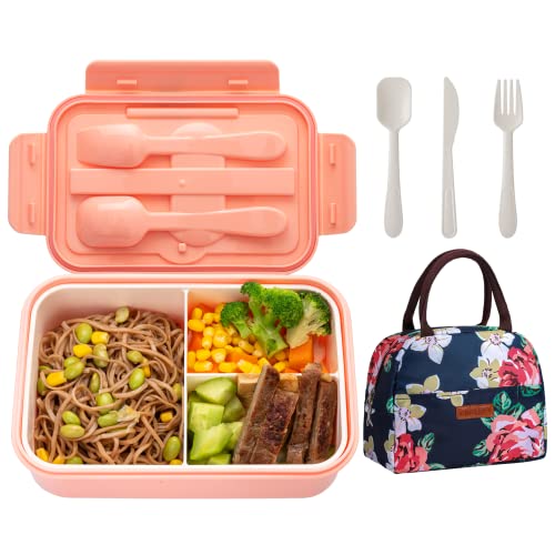 ZURLEFY Insulated Bento Box with Lunch Bag for Adults, Bento Tote and Lunch Box Set for Microwave, Freezer, Dishwasher Safe (Pink Lunch Box With Bag)