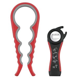 elyum jar opener, 5 in 1 bottle opener multi-function can opener with silicone handle, jar opener for weak hands, seniors with arthritis, lid opener for children (red, 2-piece set)