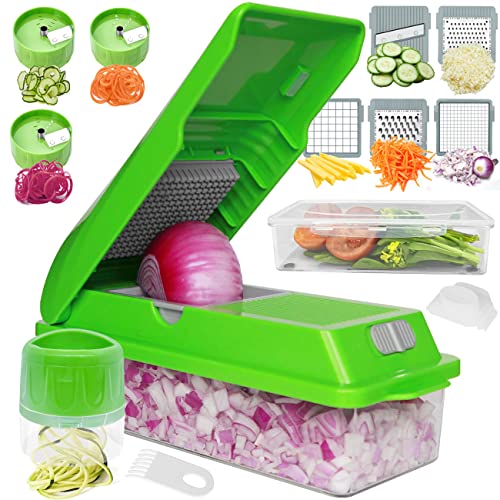 Vegetable Chopper - 11 in 1 Pro Mandoline Slicer - Onion Chopper, Cheese Grater, Food Slicer- Spiralizer Included - Enlarged Storage Container with Lids - Easy and Efficient Cutting Tool for Busy Cook