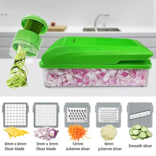 Vegetable Chopper - 11 in 1 Pro Mandoline Slicer - Onion Chopper, Cheese Grater, Food Slicer- Spiralizer Included - Enlarged Storage Container with Lids - Easy and Efficient Cutting Tool for Busy Cook