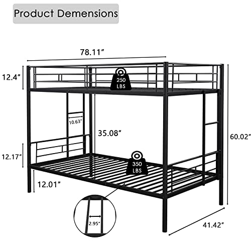 KIVENJAJA Bunk Bed Twin Over Twin Size, Metal Twin Bunk Bed Frame with Safety Guardrail & 2 Ladders, Space-Saving, No Box Spring Needed (Black)