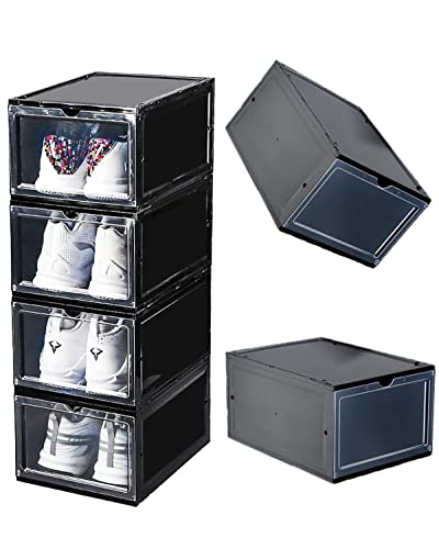 Clear Shoe Box, Set Of 6, Stackable Plastic Acrylic Boxes, Drop Front Shoe Holder Cubby Storage Cube Organizer Containers For Closet Men/women Large High Top 13.4”x 9.8”x 7.2'', Cajas Para Zapatos