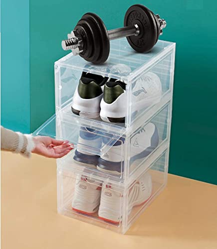 Clear Shoe Box, Set Of 6, Stackable Plastic Acrylic Boxes, Drop Front Shoe Holder Cubby Storage Cube Organizer Containers For Closet Men/women Large High Top 13.4”x 9.8”x 7.2'', Cajas Para Zapatos