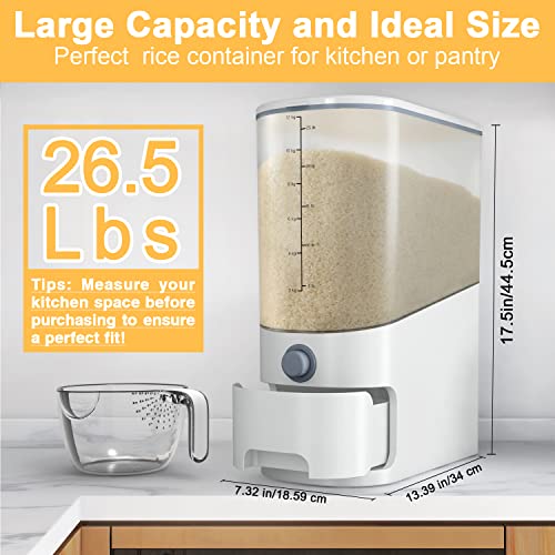 Tomus-UNI 26.5 Lbs Rice Dispenser, Large Sealed Integrated Grain Container Storage with Measuring Cup, Food Dispenser Kitchen Organization for Rice, Beans, Small Dry Food