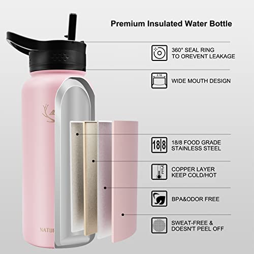 NATURE PIONEOR Insulated Water Bottles with Straw - 24/32/40 oz Stainless Steel Vacuum Water Bottle with Holder/Carrier/Sleeve - Reusable 18/8 Food Grade Thermos Water Jug