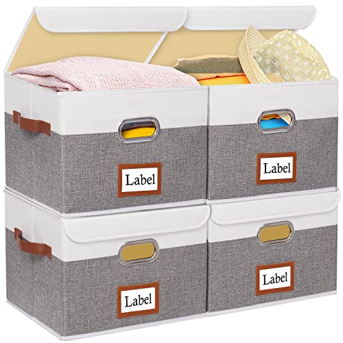 Yawinhe Storage Boxes with Lids, 4-Pack Storage Baskets for Shelf, 15 x 9.84 x 9.84 Inch, Fabric Storage Bins Organizer Containers with Dual Leather Handles for Home Bedroom Closet Office,White/Grey