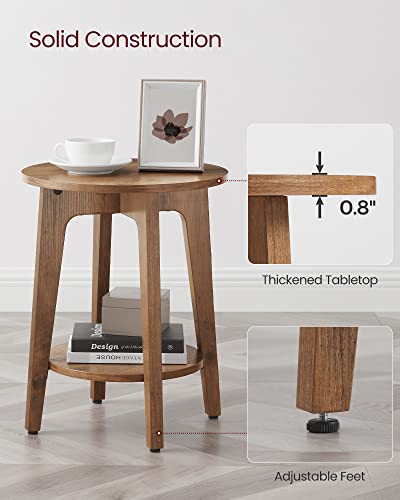 VASAGLE Round End Table with Lower Shelf, Nightstand for Small Spaces, 15.8 x15.8 x 19.7 Inches, Rustic Walnut