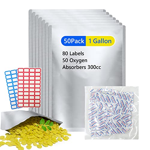 50 Mylar Bags for Food Storage with Oxygen Absorbers 300CC - 1 Gallon Heat Sealable Mylar Bag Smell Proof Bag Reusable Bags Long Term Food Storage Bags