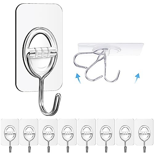 LOUXPERT Wall-Hooks Adhesive-Hooks for Hanging - 11 lbs 8-Hooks, Clear Sticky-Hooks, Stainless Steel Wall Hanger, Wall Hooks for Hanging, Bathroom Hanging Hooks (Clear)