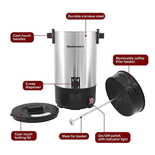 Elite Gourmet CCM-035# Maxi-Matic 30 Cup Stainless Steel Coffee Urn Removable Filter For Easy Cleanup, Two Way Dispenser with Cool-Touch Handles Electric Coffee Maker Urn, Stainless Steel