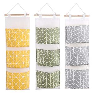 Estink 3Pcs Hanging Storage Bag, Fabric Wall Shelf Basket Storage Pouch, Cotton Linen Storage Bags Door Pouch with 3 Pockets, Organizer Bags for Bedroom Bathroom Kitchen(Gray)