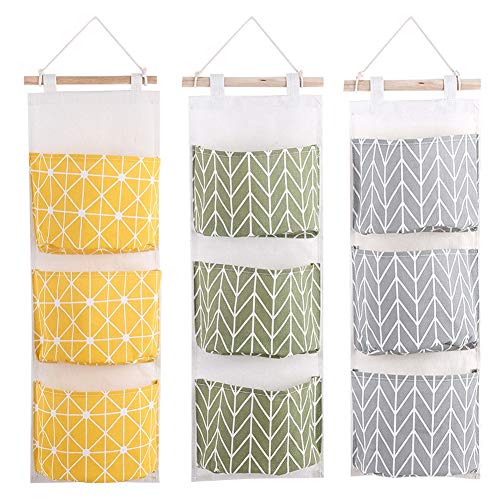 Estink 3Pcs Hanging Storage Bag, Fabric Wall Shelf Basket Storage Pouch, Cotton Linen Storage Bags Door Pouch with 3 Pockets, Organizer Bags for Bedroom Bathroom Kitchen(Gray)