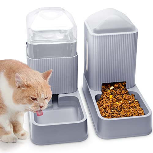 Automatic Cat Feeders Automatic Dog Feeder with Dog Water Bowl Dispenser 2 Pack Cat Feeder and Cat Water Dispenser in Set 1 Gallon for Small Medium Dog Puppy Kitten(Gray)