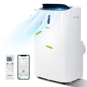 costway 12000btu portable air conditioner, 4-in-1 oscillation air cooler with cooling/dehumidifier/heater/fan , 3 speeds fan for 450 sq.ft, remote control, wifi smart control, 4 universal casters & window kit included (12000btu)