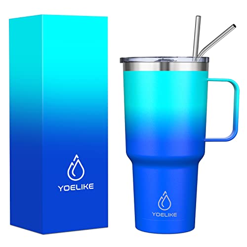 yoelike 32OZ Tumbler With Handle, Stainless Steel Vacuum Insulated Coffee Mug Cup for Travel, Home, Office, Indoor and Outdoor, Dishwasher Safe - Keep Cold 24hrs And Hot 12hrs(Blue Waves)