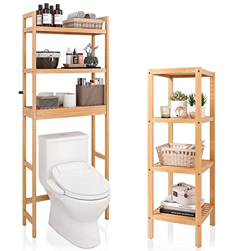 SMIBUY Bamboo Bathroom Over-The-Toilet Storage Shelf with 3-Tier Adjustable Shelves and 4-Tier Bamboo Rack Organizer Unit for Living Room Bedroom Kitchen (Natural)