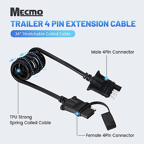 MECMO Trailer 4-Way Flat Wire Extension 3 Feet 36'' Stretchable Coiled Cable, 4 Pin Male & Female Trailer Coiled Adapter, 18-Guage Heavy Duty Jacketed Cable Trailer Lighting Extension - 3ft/36 Inch