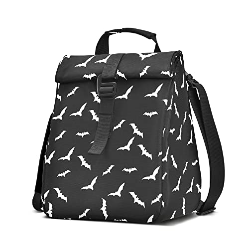 XUWU Goth Bats Halloween Rolltop Lunch Bag Insulated Foldable Lunch Box Portable for Women with Adjustable Shoulder Strap for Adults Teens School Work Office Picnic