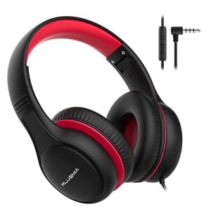 klugmia wired kids headphones, 85db/94db volume limited, over ear headphones for kids with in-line hd mic, audio sharing, foldable kids headphones wired (black red)