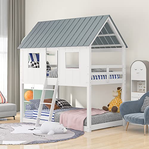 Harper & Bright Designs Twin Over Twin House Bunk Bed, Kids House Bed Frame, Wood Low Bunk Bed with Roof, Window, Guardrail, for Kids, Teens, Girls, Boys - White