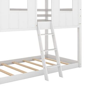 Harper & Bright Designs Twin Over Twin House Bunk Bed, Kids House Bed Frame, Wood Low Bunk Bed with Roof, Window, Guardrail, for Kids, Teens, Girls, Boys - White