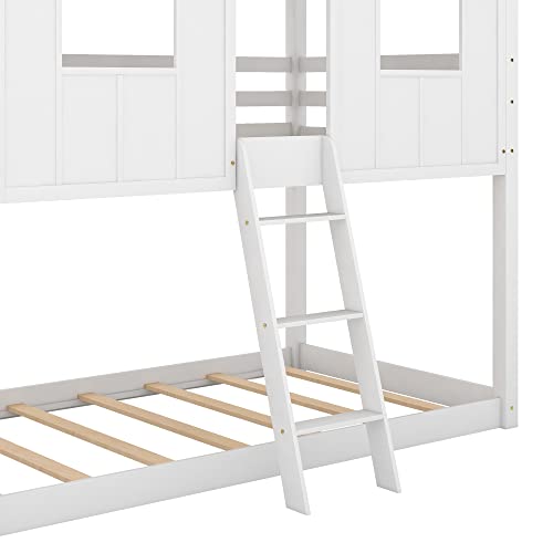 Harper & Bright Designs Twin Over Twin House Bunk Bed, Kids House Bed Frame, Wood Low Bunk Bed with Roof, Window, Guardrail, for Kids, Teens, Girls, Boys - White