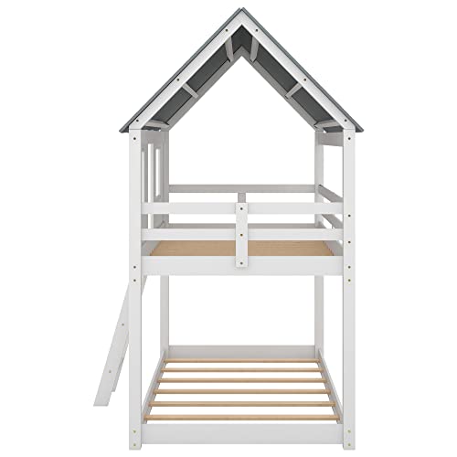 Harper & Bright Designs Twin Over Twin House Bunk Bed, Kids House Bed Frame, Wood Low Bunk Bed with Roof, Window, Guardrail, for Kids, Teens, Girls, Boys - White