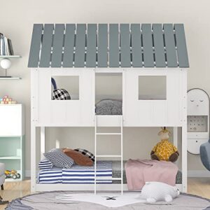 Harper & Bright Designs Twin Over Twin House Bunk Bed, Kids House Bed Frame, Wood Low Bunk Bed with Roof, Window, Guardrail, for Kids, Teens, Girls, Boys - White