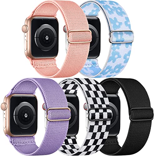 Cangroo 5 Pack Stretchy Nylon Bands Compatible with Apple Watch Band 38mm 40mm 41mm 42mm 44mm 45mm 49mm for Women Men, Elastic Solo Loop Braided Wristbands for iWatch SE Ultra Series 8 7 6 5 4 3 2 1