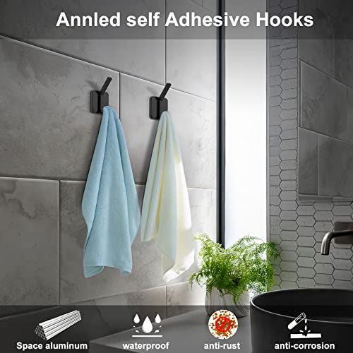 Adhesive Towel Hooks for Bathrooms，Heavy Duty Wall Hooks for Hanging Robe,Coats,Keys,Handbag,Waterproof Aluminum Sticky Hooks for Home,Bedroom,Hallways,Entrance,Kitchen,Office- Black 4 Pack