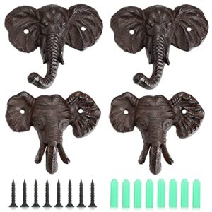 juxyes set of 4 vintage wall decorative hook with screws, heavy duty cast iron hanger hook animal shaped retro wall hanging hook rustic decorative coat hat hook (elephant)