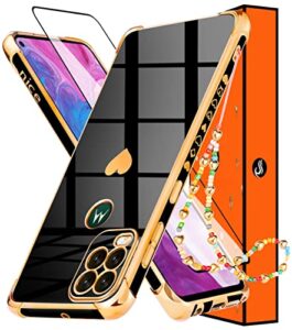 shorogyt for moto g stylus 5g 2021 heart case cute aesthetic love hearts pattern girls women girly black gold luxury design phone cases cover+screen+chain for motorola g stylus 5g 2021 6.8 inch