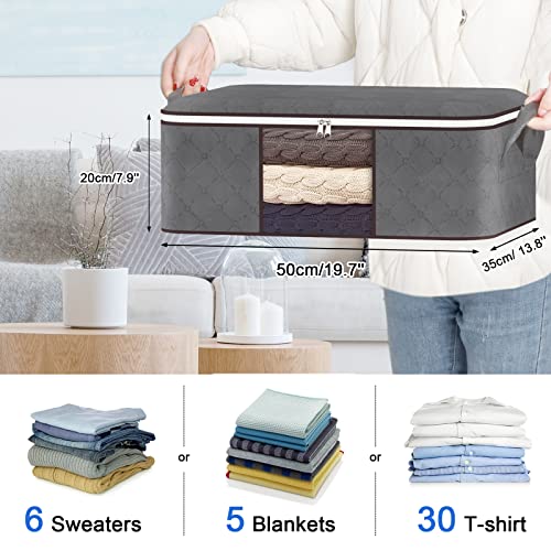 Fixwal 8 Pack 36L Grey Clothes Storage Bag Clothes Storage Organizer with Reinforced Handle Clear Windows for Comforters, Blankets, Bedding, Foldable with Sturdy Zipper, Thick Fabric